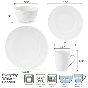 Everyday White by Fitz and Floyd Beaded 16 Piece Dinnerware Set, Service for 4