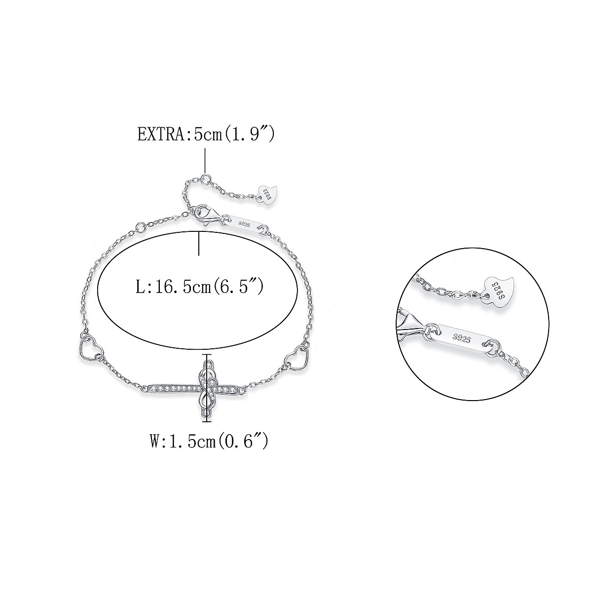 FANZE Cross Bracelet for Women 925 Sterling Silver Cubic Zirconia Good Lucky Infinity Love Heart Adjustable Link Bracelet Gift for Mother Firend