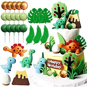 JeVenis Luxury Little Dinosaur Cake Decorations Dinosaur Cupcake Topper Green Rex Three Dino Cake Toppers for Birthday Baby Shower Party Supplies