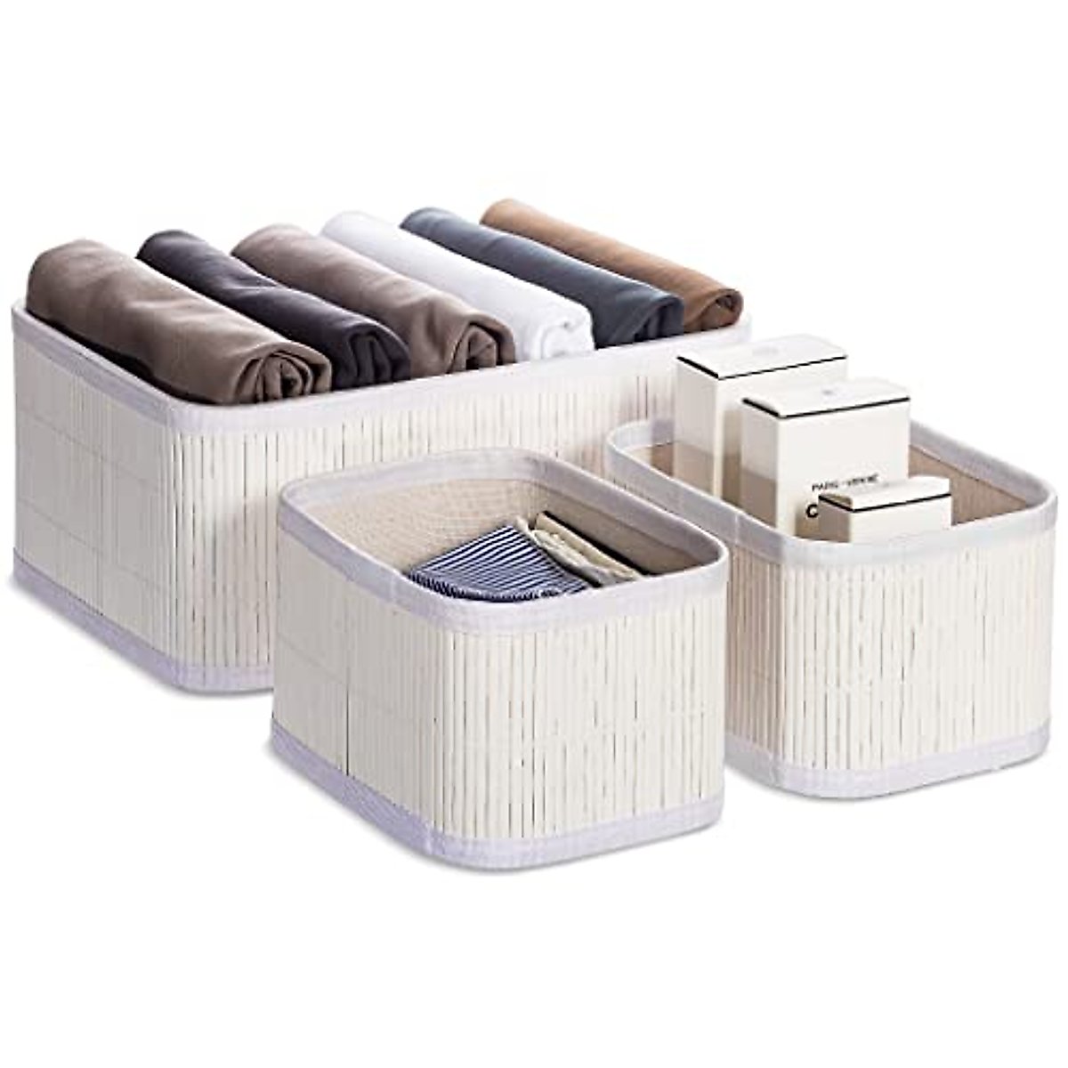 Sorbus Bamboo Storage Baskets - Set of 3 - Organizer Bins for Closet, Open Shelves, Bedroom - Fluted Design - Fabric Lining - Generous Depth & Large Size