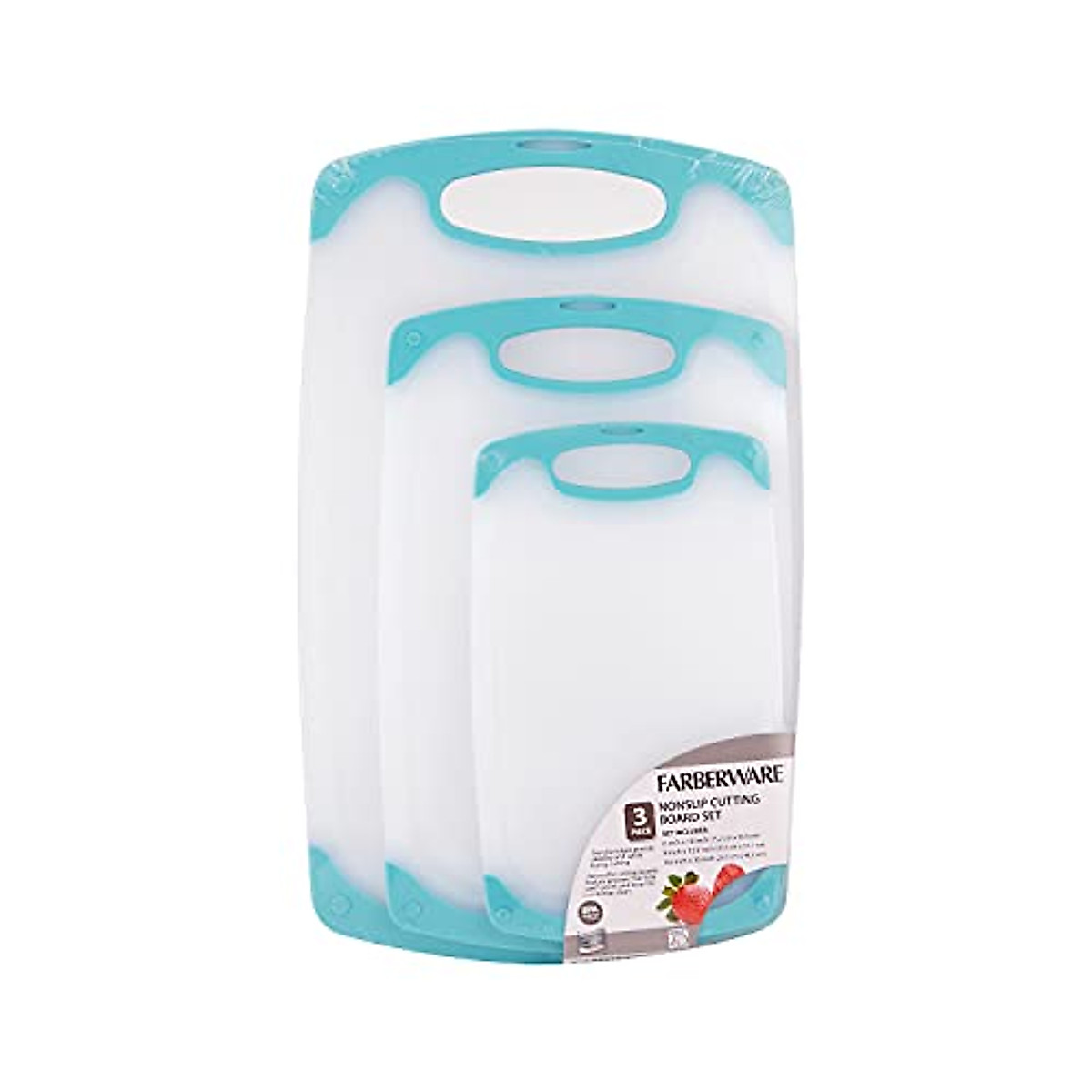 Farberware Non Slip Plastic Cutting Board Set with Juice Grooves, Set Of 3, White and Aqua