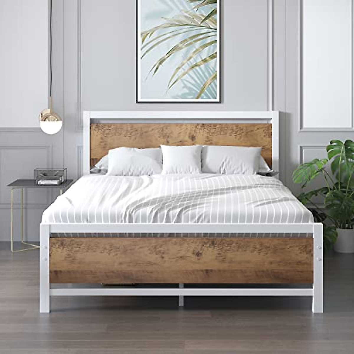 Catrimown Queen Platform Metal Bed Frame with Wooden Headboard and Footboard/Rustic Country Style Mattress Foundation/No Box Spring Needed/Under Bed Storage/Strong Slat Support (White, Queen)