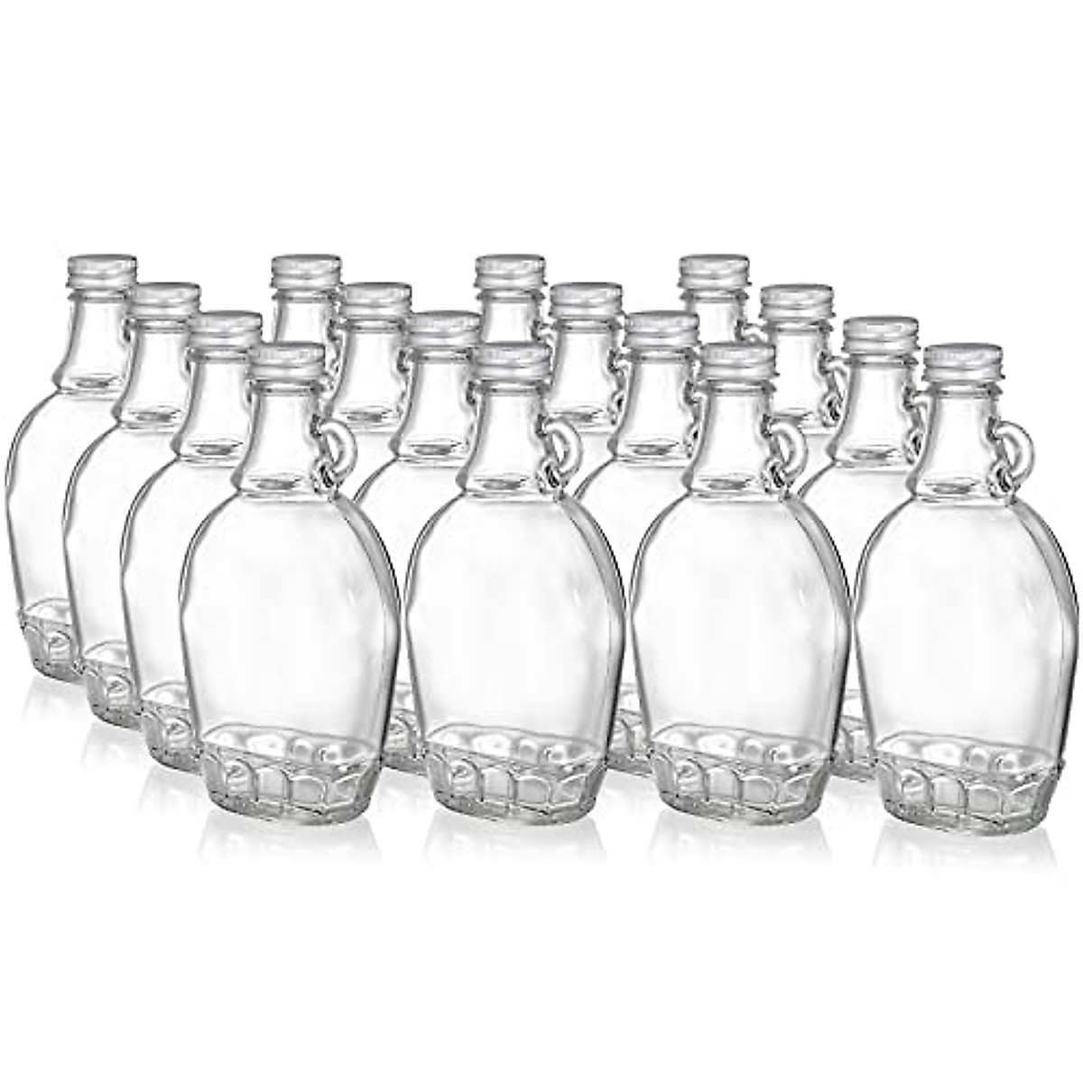 Bekith 16 Pack 8 Ounce Glass Maple Syrup Bottles, Clear Glass Bottle Set with Loop Handle & Sliver Plastic Lids for Syrup