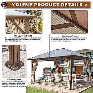YOLENY 12'x14' Hardtop Gazebo, Outdoor Polycarbonate Roof Canopy, Aluminum Frame Permanent Pavilion with Curtains and Netting, Sunshade for Garden, Patio, Lawns