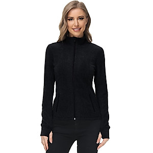 Dolcevida Womens Fleece Jacket Lightweight Soft Fleece Athletic Running Track Jackets Slim Fit Workout Jacket with Thumb Holes(Black,Medium)