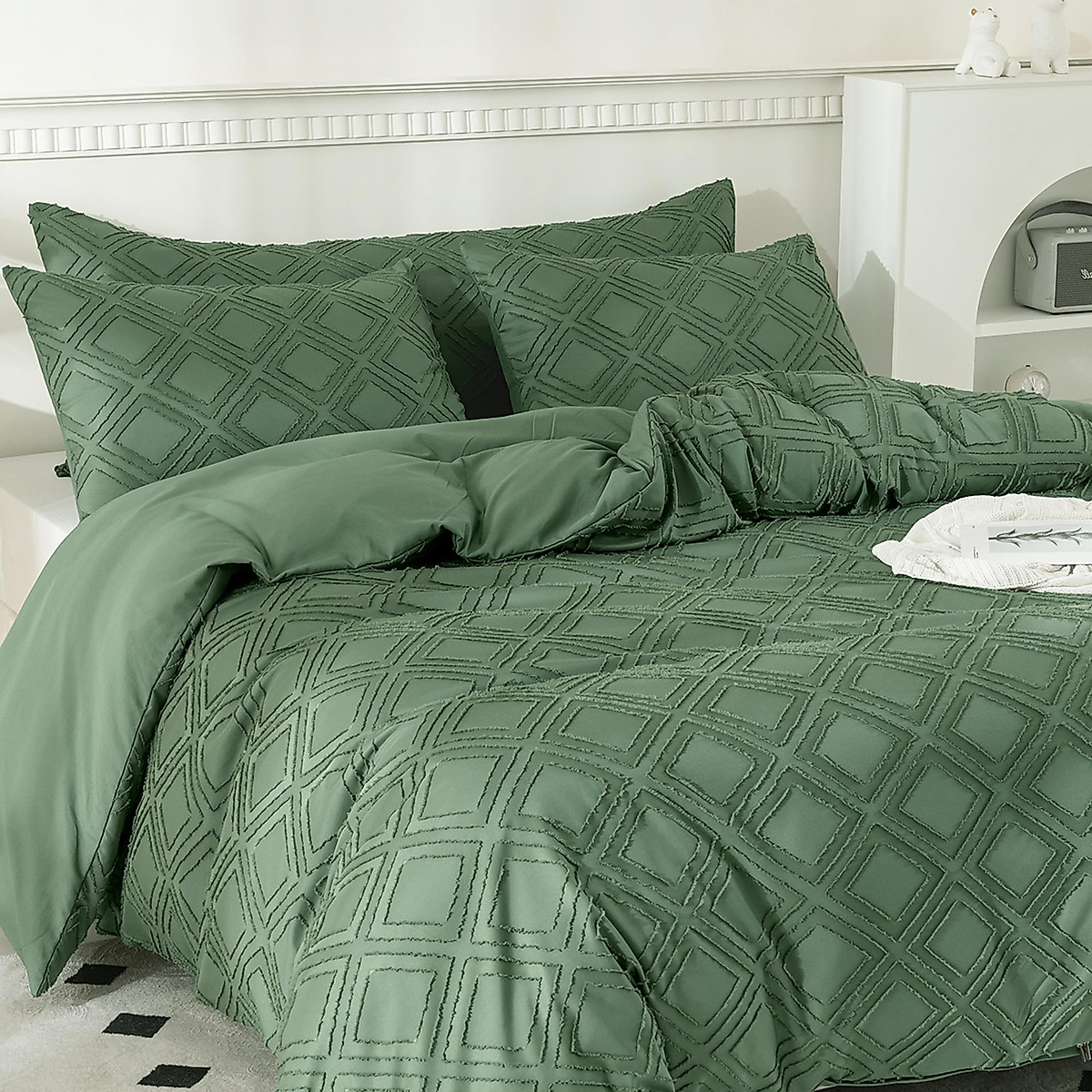 JELLYMONI Green Duvet Cover King Size - Microfiber Tufted Duvet Cover Set, Boho Textured Jacquard Rhombus Geometric Pattern Duvet Cover with Corner Ties & Zipper Closure
