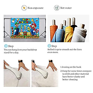 Super Brother Cartoon Backdrop Background Gold Coin Video Game Mushroom Blue Happy Birthday Backdrop for Kids Baby Shower Party Supplies Cake Table Banner Photo Booth Studio Props 7x5FT