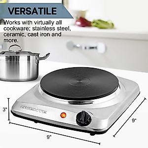 OVENTE Electric Countertop Single Burner, 1000W Cooktop with 7.25 Inch Cast Iron Hot Plate, 5 Level Temperature Control, Compact Cooking Stove and Easy to Clean Stainless Steel Base, Silver BGS101S