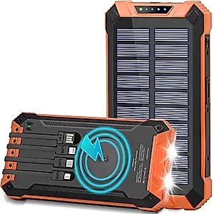 Solar Charger 36000mAh Qi Wireless Portable Charger Power Bank Built in 4 Cables USB C Quick Charge with LED Flashlight 6 Output & 3 Input External Battery Pack for Cell Phone