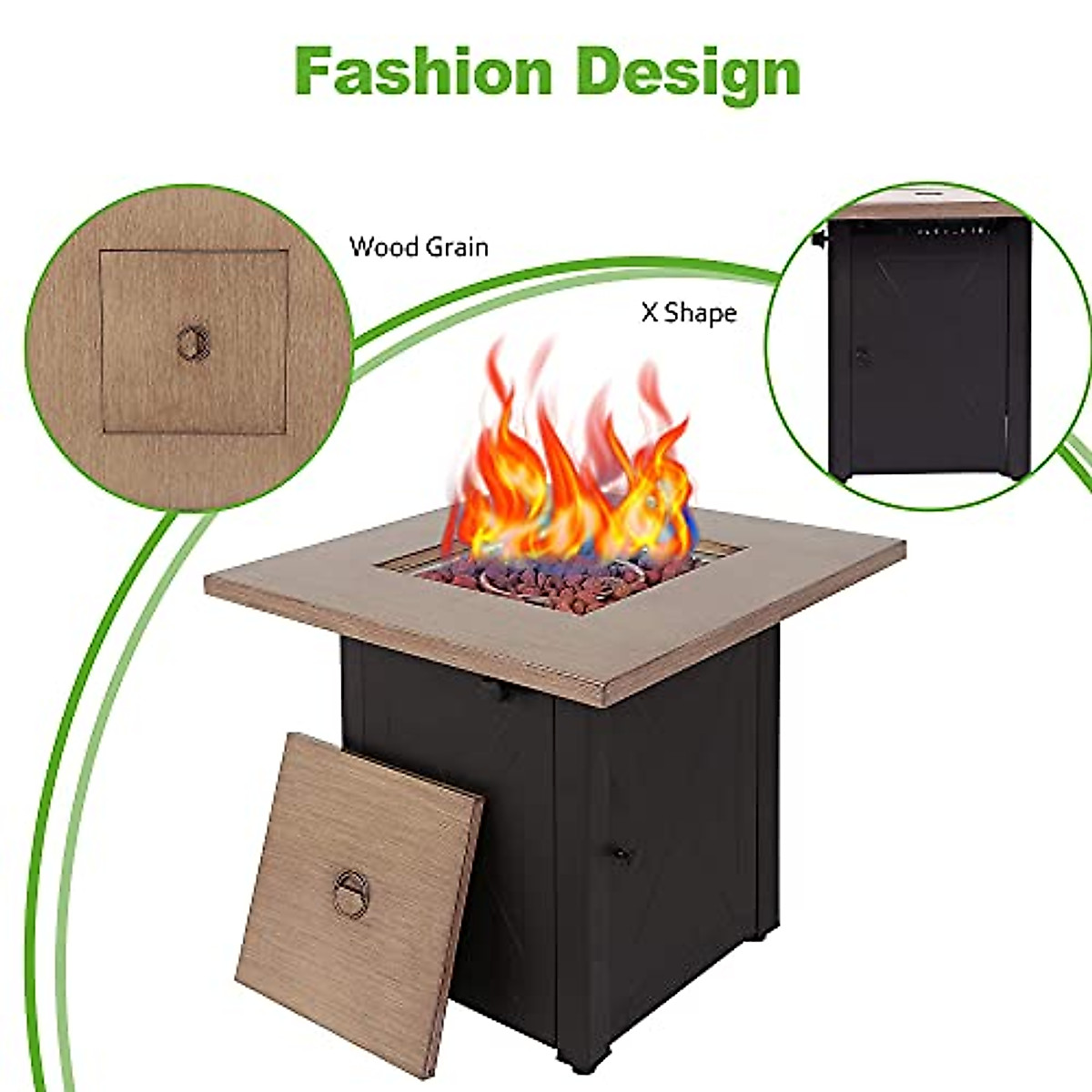 LEGACY HEATING Propane Fire Pit Table 28 inch Outdoor Gas Fire Pit Table, 50,000 BTU Steel 28" Fire Table with Lid and Lava Rock, Square Beige and Black Firepit Table for Outside Patio Backyard Garden