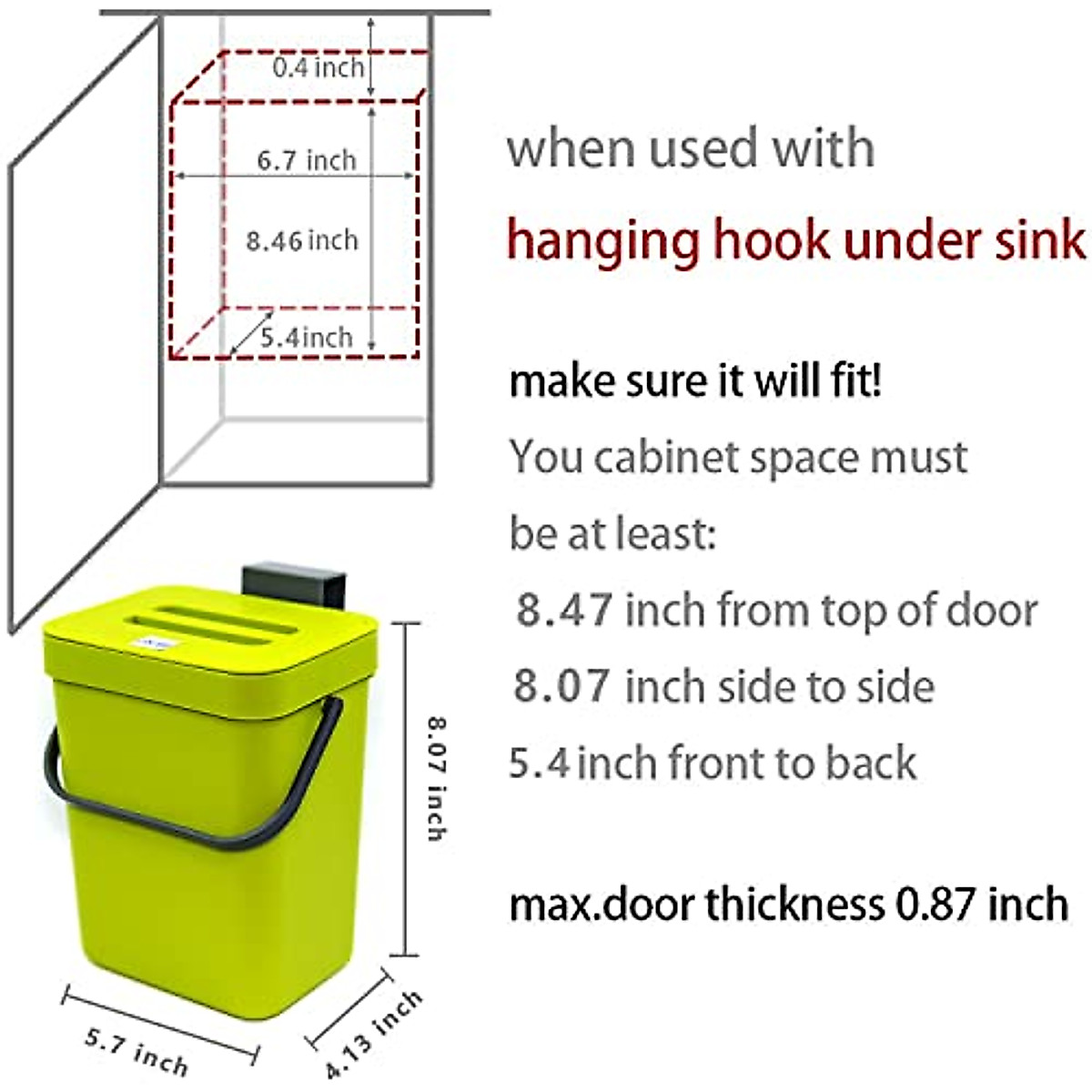 Jesintop Food Waste Basket Bin for Kitchen, Odor-Free Food Scrap Container,Small Countertop Compost Bin with Lid, Mini Garbage Can Wall Mounted Trash Can, 3L/0.8 Gal Series, Green