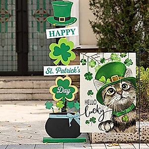 CROWNED BEAUTY St Patricks Day Cat Garden Flag 12x18 Inch Double Sided for Outside Small Hello Lucky Burlap Green Shamrocks Clovers Hat Yard Holiday Decoration