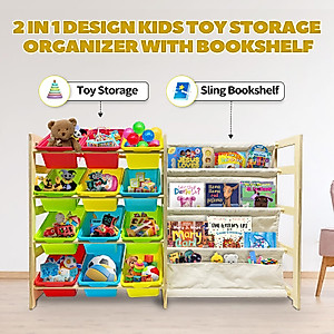 EXPERLAM Kids Toy Storage Organizer with Bookshelf - 12 Storage Bins 4-Tier Multipurpose Shelf to Organize Toys and Books for Kids Room, Playroom, Nursery Room