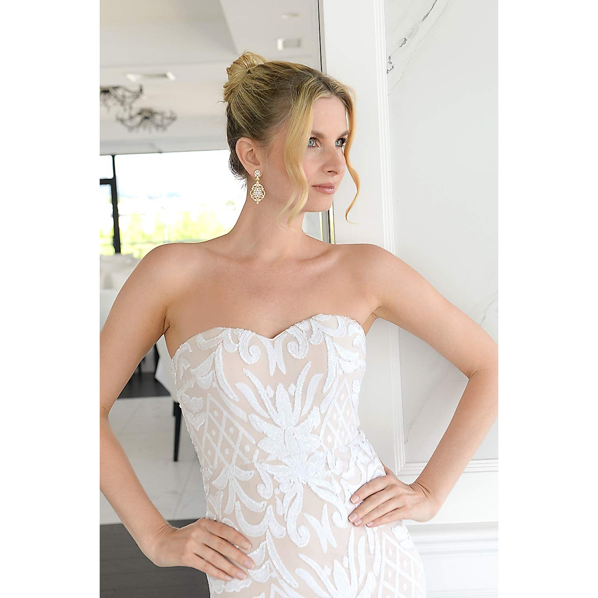 Mariell 14K Gold Plated Clip-On Earrings Cubic Zirconia Wedding or Evening Victorian Scroll Chandelier