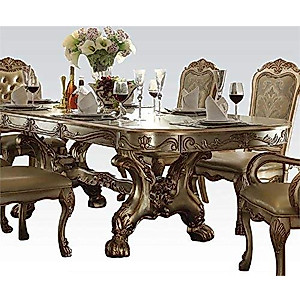 ACME Dresden Dining Table with Trestle Pedestal - - Gold Patina & Bone