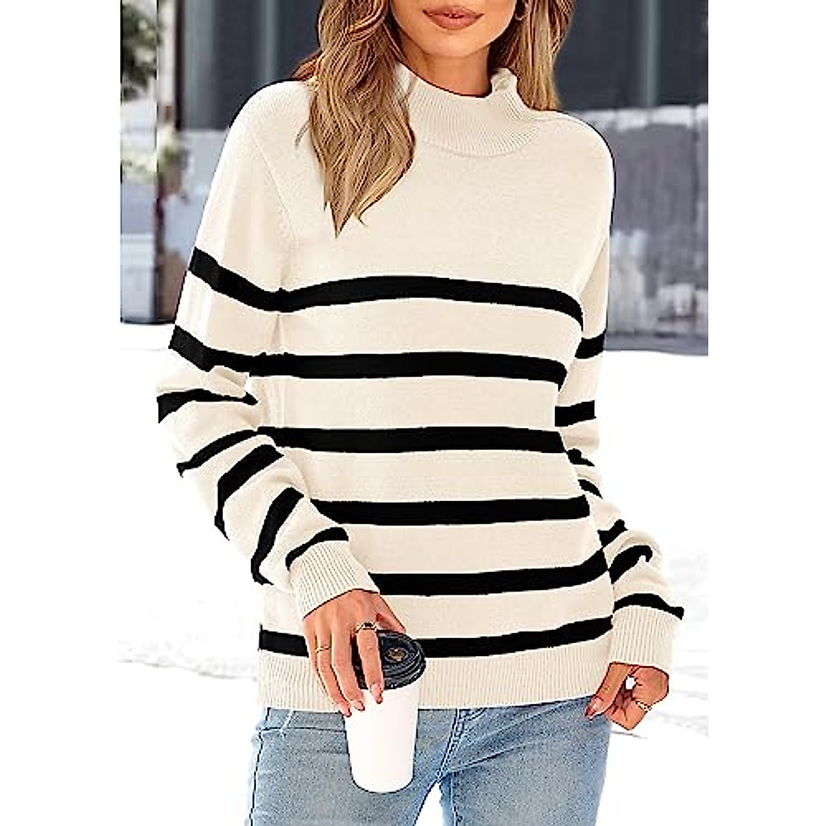 KIRUNDO Women's 2023 Fall Winter Long Sleeve Knit Sweater Turtleneck Striped Loose Pullover Tops Deco with Metal Buttons(White, Small)
