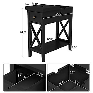 ChooChoo Black End Table, Flip Top Narrow Side Table for Small Spaces, Accent Nightstand Sofa Table for Living Room, Bedroom