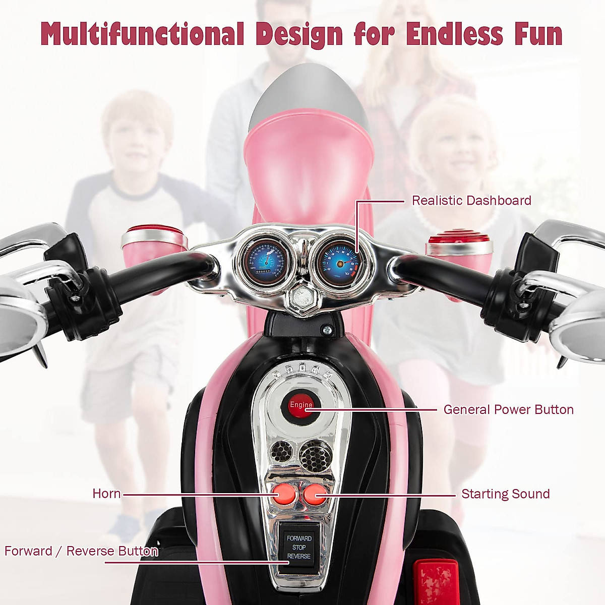 OLAKIDS Kids Electric Motorcycle, 6V Battery Powered Ride on Chopper Motorcycle with Horn, Headlights, 3 Training Wheels Electric Motorcycle for Children (Pink)