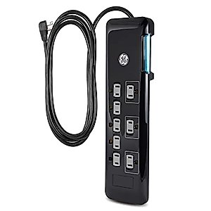 GE Surge Protector, 8 Outlet Power Strip, Extra-Long 8ft Power Cord, Flat Plug, Power Filter, Circuit Breaker, 2160 Joules, Warranty, Black, 37870