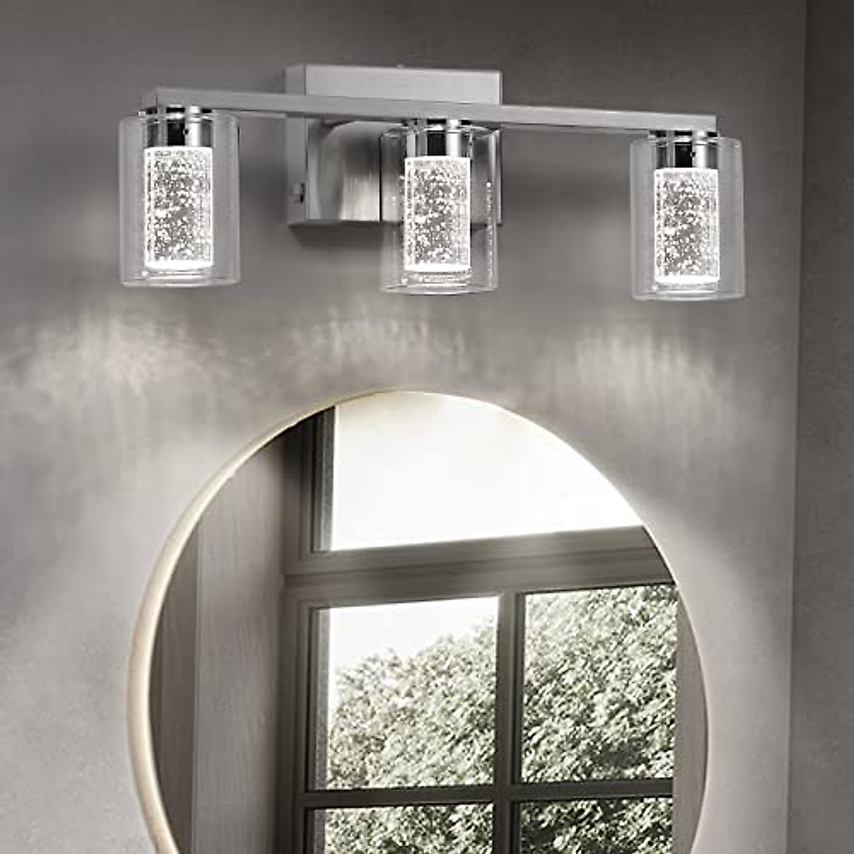 SADENICEL Brushed Nickel Vanity Lights, 3-Light Bathroom Light Fixtures, Crystal LED Bathroom Lights Dimmable White/Neutral/Warm Light with Clear Glass Shade for Bathroom Bedroom Hallway Lighting