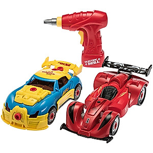 PREXTEX 53 Piece Build Your Own Racer Car Set STEM take Apart Toys for Boys with Real Working Drill and Screws 53 Piece Take-A-Part Toy for Boys and Girls with Lights and Sounds