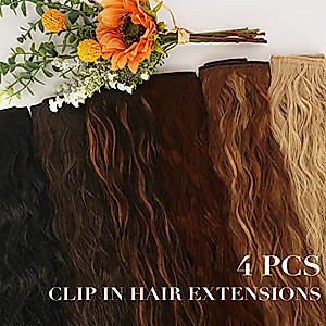 FESHFEN Clip in Hair Extensions for Women 4 PCS Thick Full Head Curly Wavy Clip in Extensions Synthetic Long Off Black Double Weft Hair Hairpieces 20 inch
