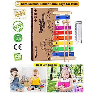 Smarkids Wooden Xylophone for Kids & Harmonica Set - Professional Kids Musical Instruments Set Percussion Instruments with Mallets Award Winning Preschool Learning Musical Toys Birthday Gifts