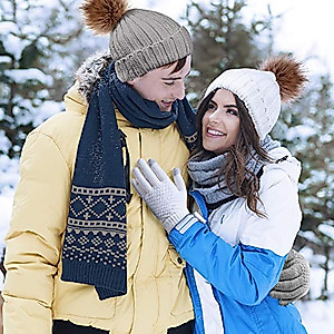 4 Pieces Winter Hat and Gloves Set Women Beanie Hat Gloves Skull Cap Touchscreen Gloves for Women Girl Lady Couple (White and Grey)