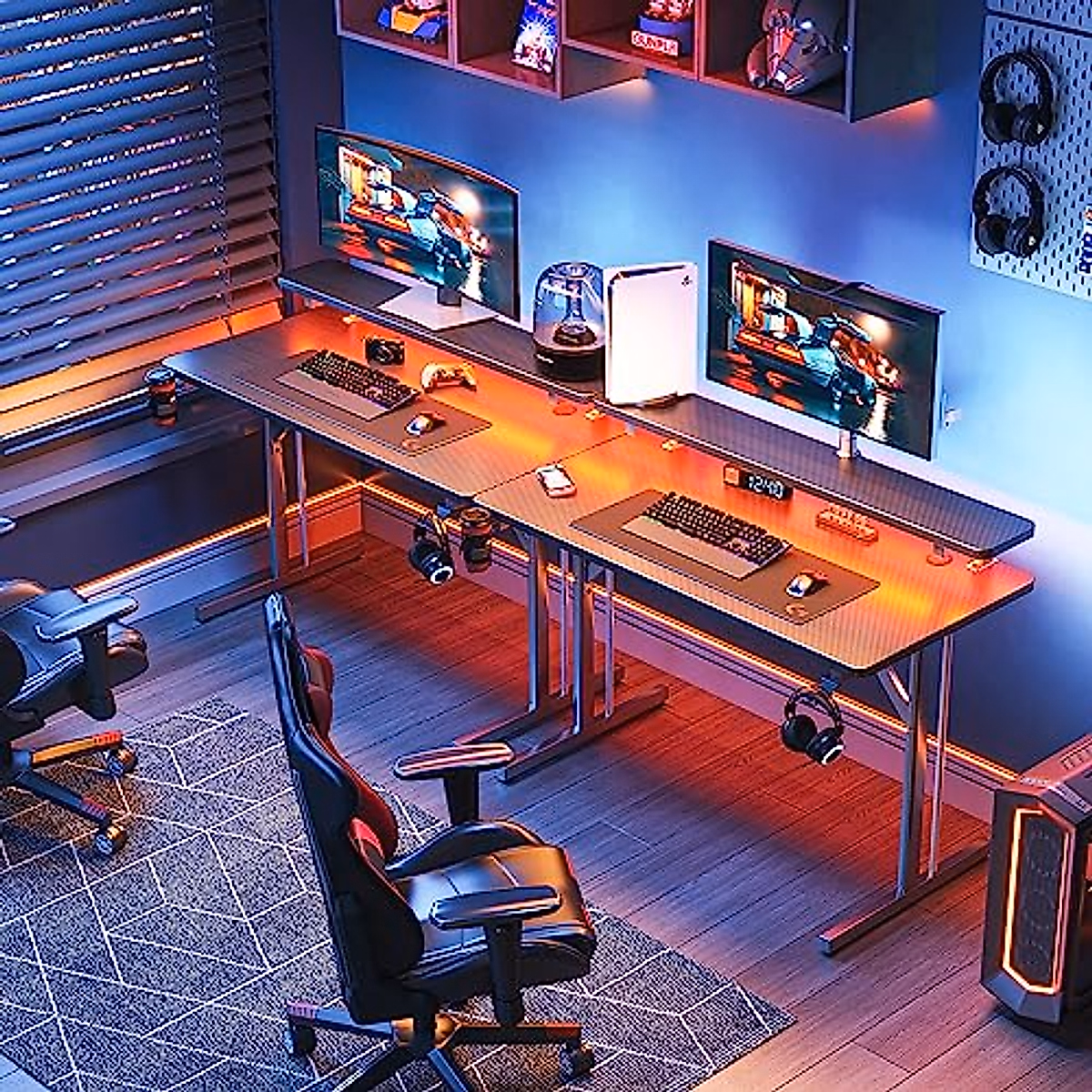 Small Gaming Desk with LED Lights, Computer Desk 31 Inch Gaming Table with Monitor Shelf, PC Desk with Cup Holder and Headphone Hook, Gamer Desk with Carbon Fiber Texture, Boys Desk Gift for Men