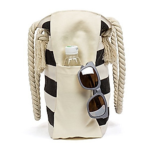 Malirona Large Beach Travel Tote Bag Canvas Shoulder Bag with Cotton Rope Handle (Black Stripes)