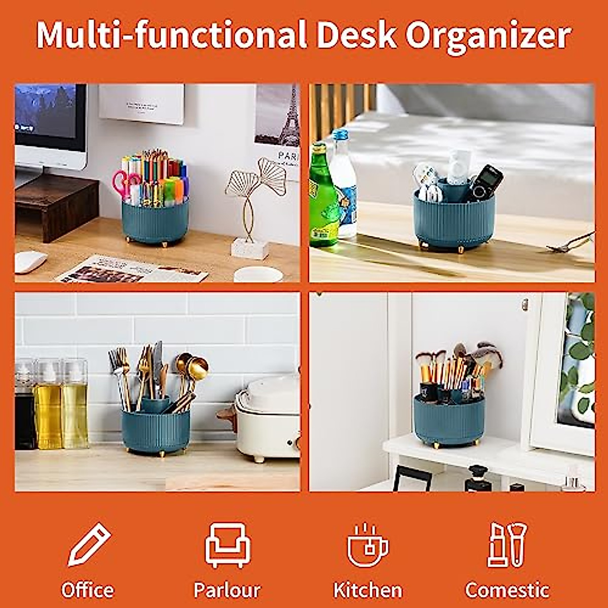 Marbrasse Desk Organizer, 360-Degree Rotating Pen Holder for Desk, Desk Organizers and Accessories with 5 Compartments Pencil Organizer, Art Supply Storage Box Caddy for Office, Home （Dark Green）