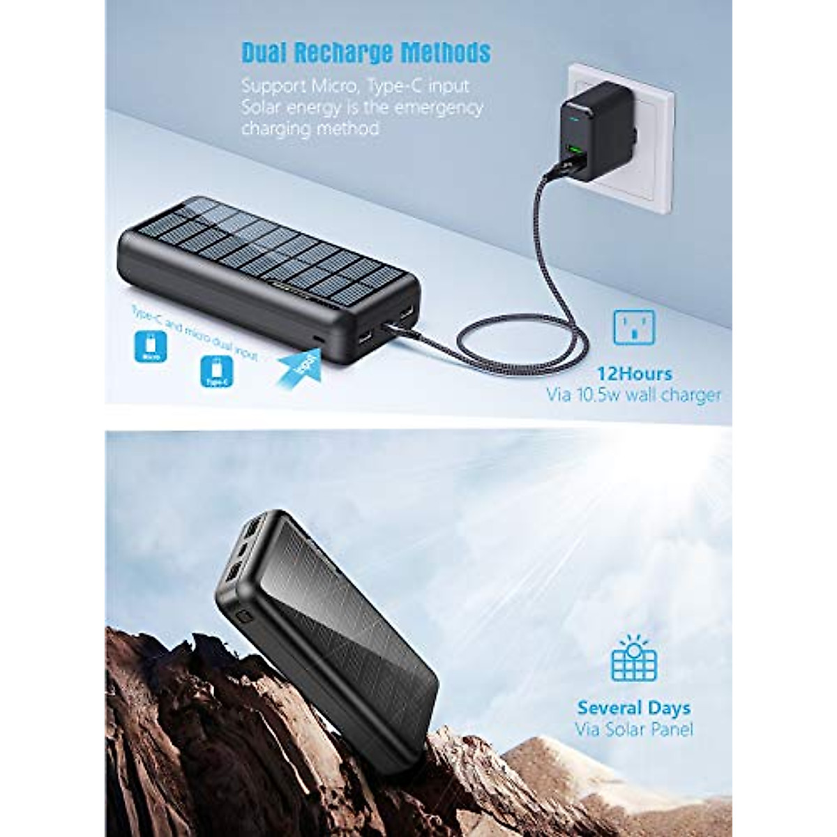 MINRISE Portable Charger 30000mAh, Power Bank Solar Charger with 2 USB Outputs and USB-C (Input Only), External Battery Pack for Outdoor Activities Compatible with Cellphones etc