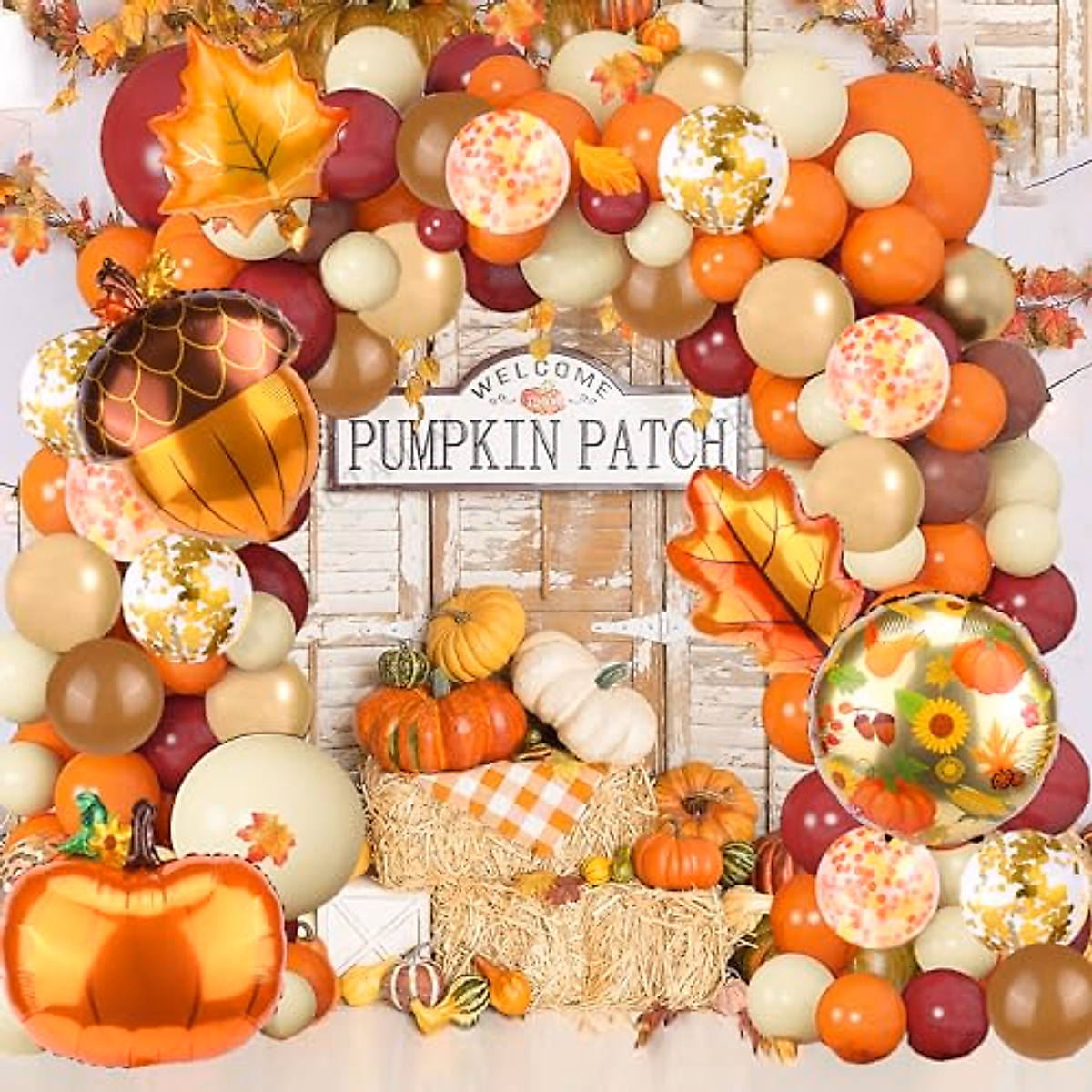129pcs Fall Confetti Balloons, Huge Pumpkin Maple Pine Leaf Aluminum Foil Balloons Orange Brown Helium Latex Balloons for Birthday, Baby Shower, Thanksgiving, Friendsgiving Party Decorations Supplies