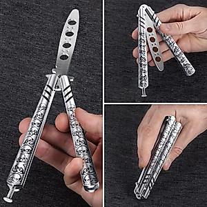 Bundle of 2 Items - 2,95” Serrated Blade Pocket Knife - Black Folding Knife with Glass Breaker and Seatbelt Cutter - Small EDC Knife - Dull Not-Sharp Blade - Skeleton Dull Trick Butterfly Knifes