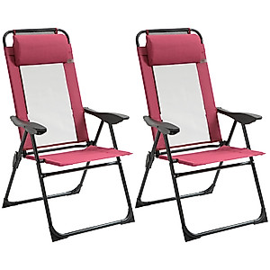 Outsunny Folding Patio Chairs Set of 2, Outdoor Deck Chair with Adjustable Sling Back, Camping Chair with Removable Headrest for Garden, Backyard, Lawn, Red