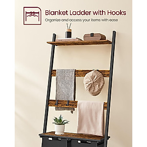 VASAGLE Laundry Basket, 2-Section Laundry Hamper with Blanket Ladder, Pull-Out and Removable Liners, Shelf, 5 Hooks, 2 x 12.1 Gallons, 28.7 x 13 x 69.7 Inches, Rustic Brown and Black UBLH221B01
