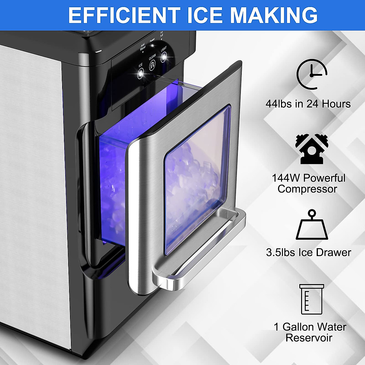 ARLIME Portable Nugget Ice Maker Machine for Countertop, 44lbs/24H Sonic Ice Maker Self-Cleaning with 4.8lb Ice Bin & Scoop, Intelligent Control Panel, Chewable Ice Makers for Kitchens, Offices, Home