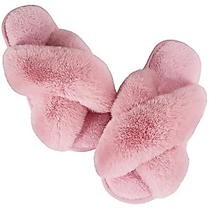 Women Pink Fuzzy Fluffy Slippers-Ankis Soft Cozy Plush Fuzzy Slippers Faux Rabbit Fur Memory Foam Furry Open Toe Breathable Fuzzy Slippers Bedroom Warm Comfy Cross Band Slippers for Women House Indoor