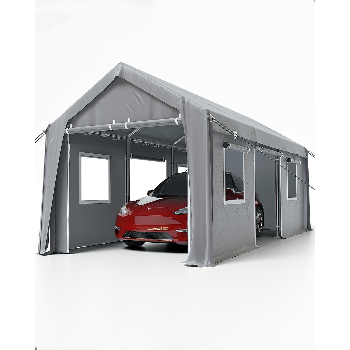 DEXSO Carport 10'x20' Portable Garage Heavy Duty, 1.0 mm Steel Poles & 14 mil PE Tarp, with Front & Rear Doors, 2 Side Doors, and 4 Windows Screen, for Pickup Truck, and Boat, Silver Gray