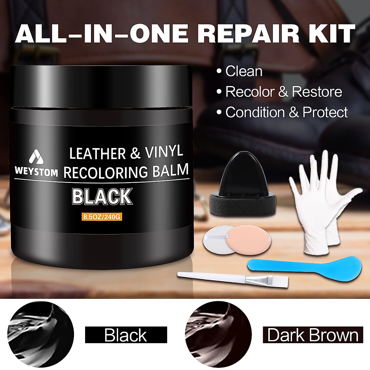 WEYSTOM Leather Recoloring Balm - Black Leather Repair Kit for Furniture, Leather Dye, Recolor, Renew, Repair & Restore Aged, Faded, Cracked, Peeling and Scuffed Leather