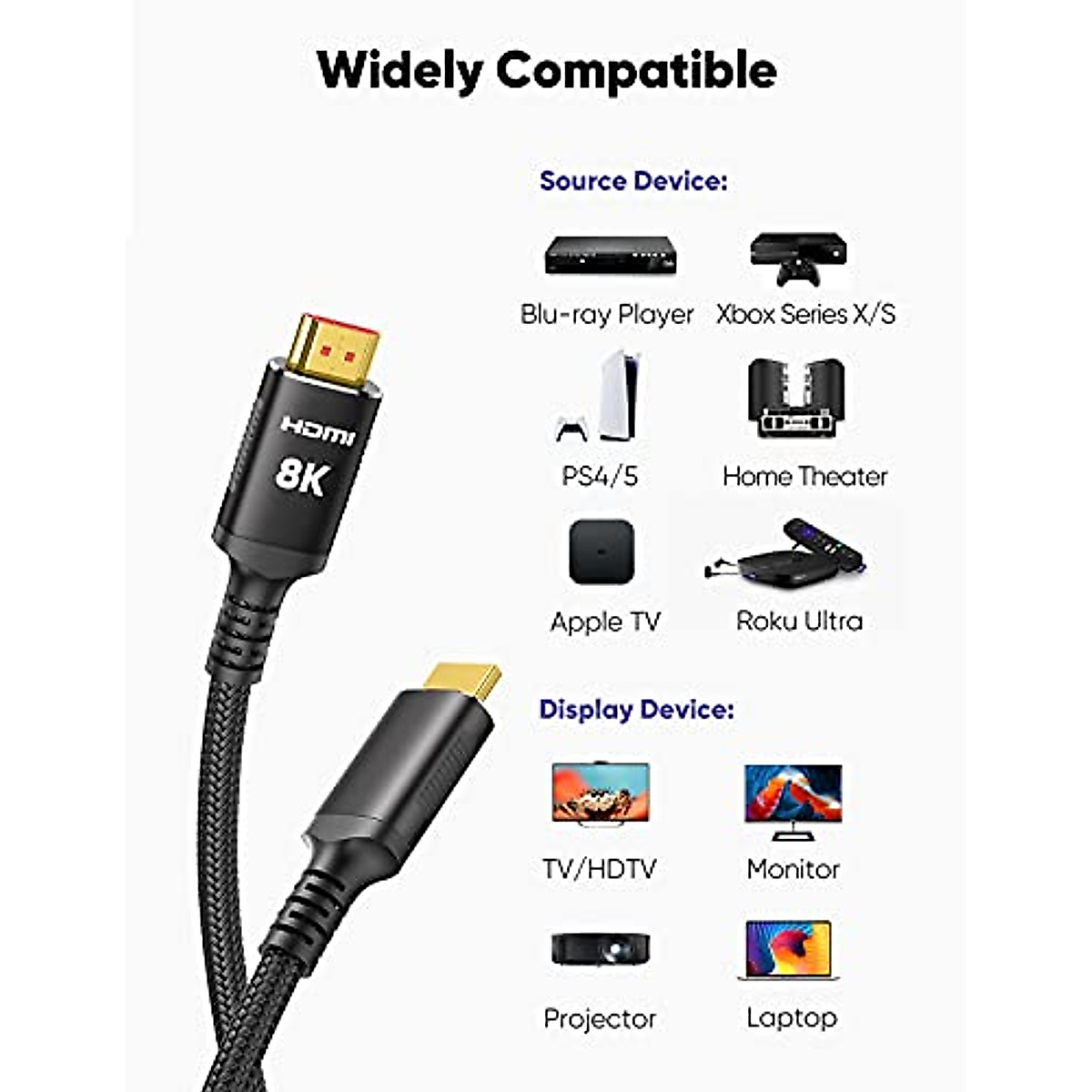 Snowkids 8K HDMI Cable 2.1 10FT/3M 48Gbps, 48Gbps High Speed 3D 8K60 4K120 144Hz Braided HDMI Cord eARC HDR10 HDCP 2.2&2.3 Compatible with Roku TV/PS5/HDTV/Blu-ray Black