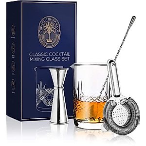 Cocktail Mixing Glass Set, Old Fashioned Kit : Stainless Steel Bar Spoon & Hawthorne Strainer & Japanese Jigger & Glass Polishing Cloth, Crystal Mixer Glass Yarai, Valentine's & Fathers Day Gifts
