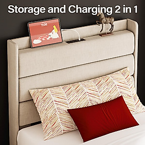LIKIMIO Twin XL Bed Frames, Storage Headboard with Outlets, Sturdy and Stable, No Noise, No Box Springs Needed, Beige