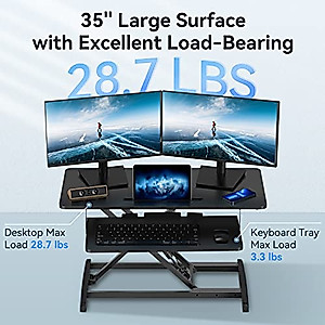 Standing Desk Converter, 35’’ W Height Adjustable Desk Riser w/ Detachable Keyboard Tray, Gas Spring , Fits Dual Monitors, Stand up Desk Riser for Standing or Sitting, Ideal for Home Office, Black