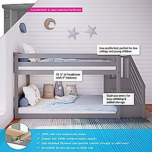 Max & Lily Low Bunk Bed, Twin-Over-Twin Bed Frame For Kids With Stairs, Grey