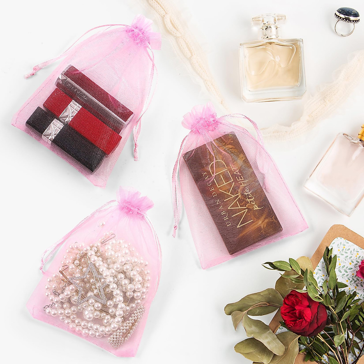 ANZNKU 50 Pack Organza Bags 4 x 6 inch Premium Sheer Drawstring Organza Bags for Candy Jewelry Party Wedding Christmas Favor Gift Bags (Pink)