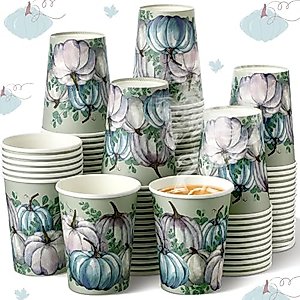 Umigy 100 Pcs 9 oz Fall Disposable Paper Cups Pumpkin Cup Thanksgiving Party Supplies Pumpkin Maple Leaves Cups for Coffee Juice Hot Cold Drink Thanksgiving Decorations(Simple Pumpkin)