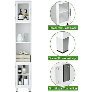 Tangkula Tall Bathroom Cabinet, Home Living Room Wood Storage Cabinet Free Standing w/ 4 Shelves and 2 Glass-Paneled Doors Suitable Tall Bathroom Cabinet