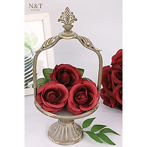 N&T NIETING Artificial Flowers, 20Pcs Silk Rose Fake Flowers with Stems Bridal Wedding Bouquet Baby Shower Home Garden Party Decoration, Dark Red