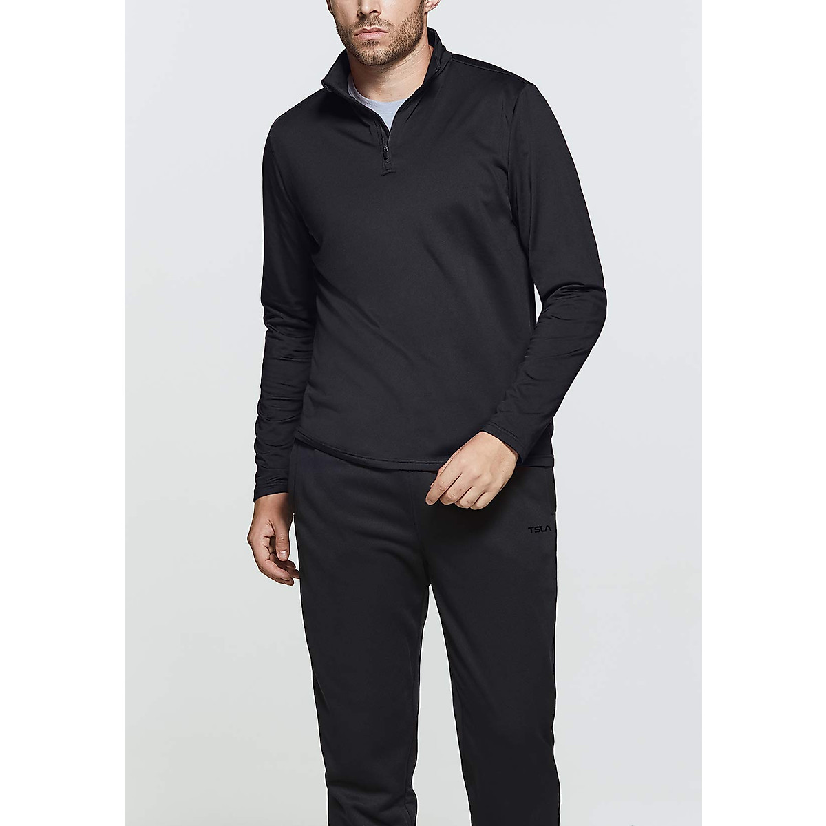TSLA Men's Quarter Zip Thermal Pullover Shirts, Winter Fleece Lined Lightweight Running Sweatshirt, Fleece 1/4 Zip Sweatshirt Black, Medium